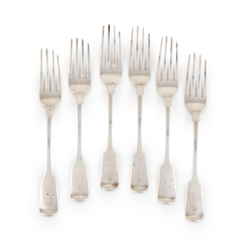 A set of six william iv provincial silver fiddle pattern table forks,by ...