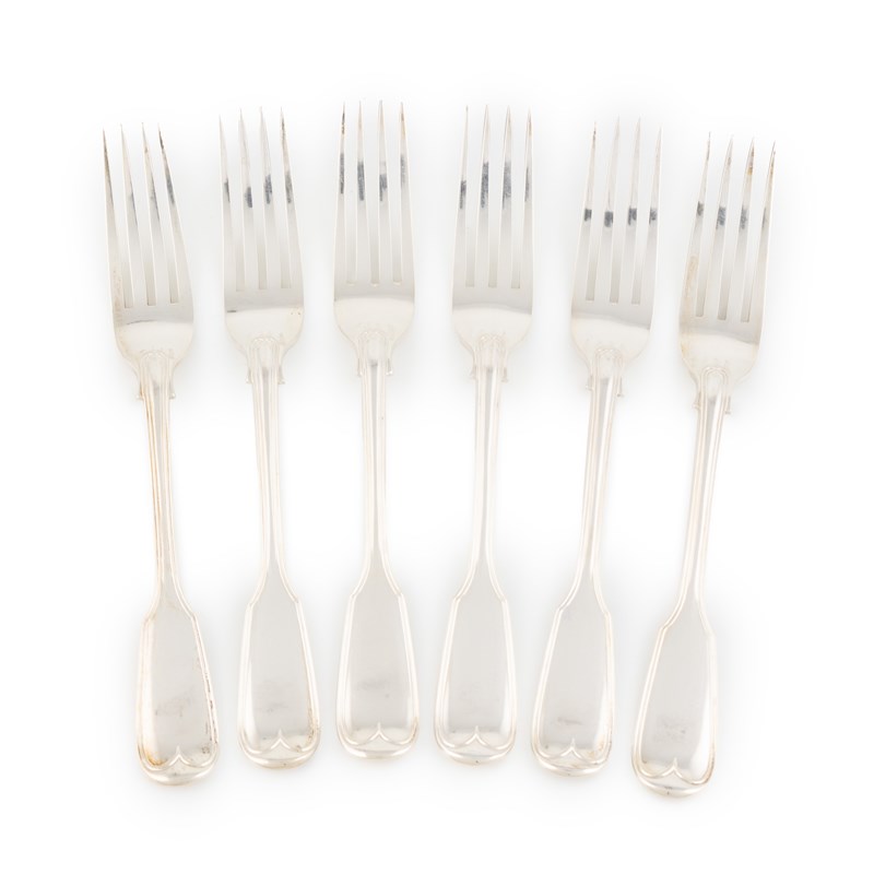 A set of six victorian silver fiddle and thread pattern table forks, by ...