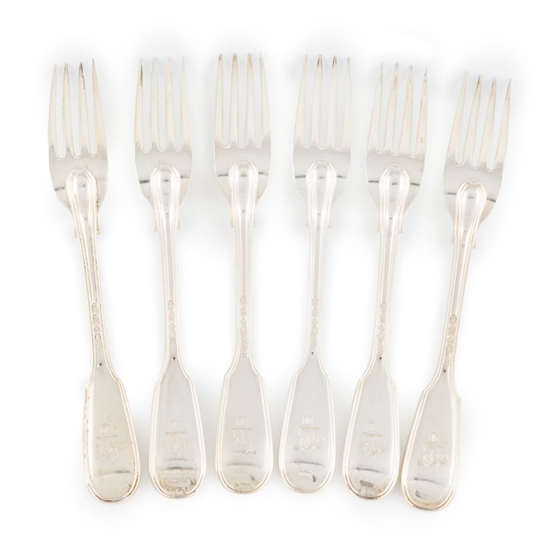 A set of six victorian silver fiddle and thread pattern table forks, by ...