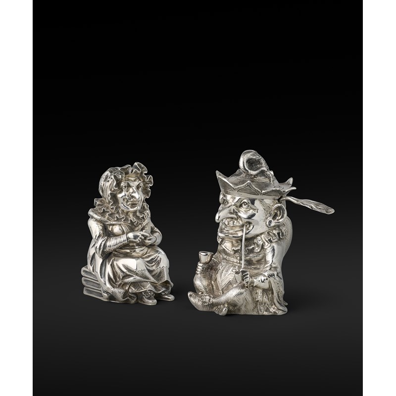 A rare victorian novelty silver mr punch mustard pot and mrs judy punch ...