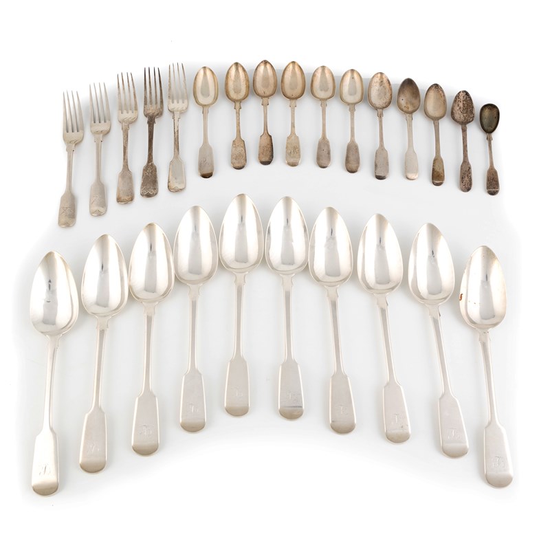 A collection of antique exeter silver fiddle pattern flatware ...