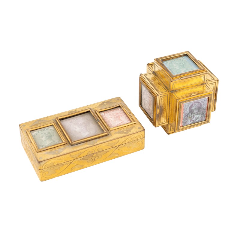 Two gilt metal stamp boxes, | Woolley and Wallis